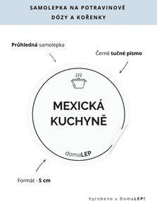Samolepka na kořenky MEXICKÁ KUCHYNĚ průhledná 5 cm tučné písmo