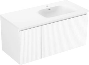 Mexen Rivel, koupelnová skříňka 100 cm s pravým umyvadlem Vela, 1S, 1D, drážkovaná, bílá matná, 91A23-10047-3-BBFF01-W23P01