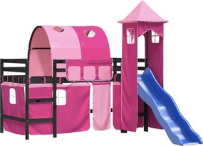 vidaXL Dětská patrová postel s věží 90 x 200 cm borovice [3207107] Barva: Přírodní a růžová