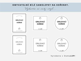 GRILOVACÍ KOŘENÍ - omyvatelná samolepka na kořenky, výběr rozměrů Ø 5 cm / 5 x 5 cm / 6 x 8 cm | DomaLEP tvar: KOLEČKO, barva: BÍLÁ - ČERNÉ písmo, velikost: Ø 5 cm - tučné písmo