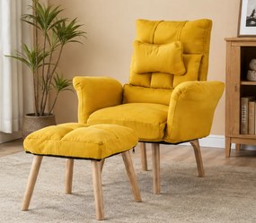 relaxační křeslo, polohovací, s podnožkou, dřevo/textil, 101x85x69 cm, nohy světlé/hořčicová, Dekorino SILVANA