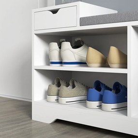HOMCOM Botníková lavice, úložná lavice, 1 zásuvka a 3 přihrádky, nábytek do předsíně s polstrovaným sedákem, pro chodbu, předsíň, ložnici, 76,5 x 30 …