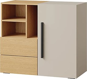 LORIN d | komoda 8 | 90 cm | s policemi, zásuvkami a dvířky | PUSH OPEN | kašmír/dub