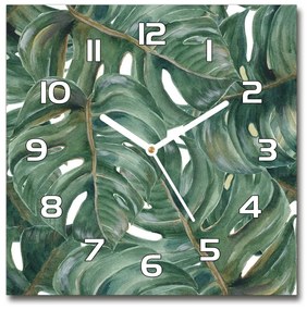 Wallmuralia Skleněné nástěnné hodiny čtverec Monstera 30x30 cm