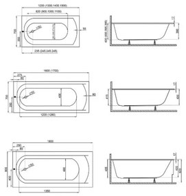 Polimat Akrylátová obdélníková vana Classic Slim 120x70 (130x70, 140x70, 150x70, 150x75, 160x70, 170x70, 170x75, 180x80) Barva: Bílá, Rozměry (cm): 120x70