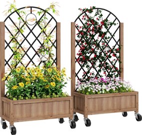 Outsunny 2-dílná sada vyvýšených záhonů s kolečky, treláž, dřevěný květináč pro espaliér 52x25x97cm | Aosom