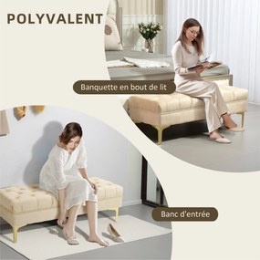 HOMCOM Čalouněná lavička na konci postele v klasickém chic stylu, rozměry 118x45x42 cm, zlaté kovové nohy, béžový samet | Aosom
