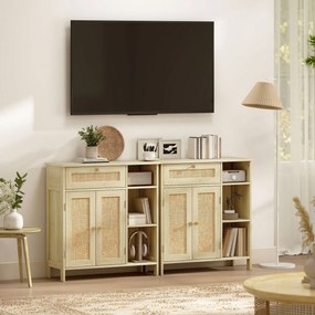 HOMCOM Bufetová skříňka, úložný nábytek, 2 ratanové dvířka, zásuvka, otevřené police, nastavitelné police, 75x30x79,5 cm, přírodní dřevěný efekt