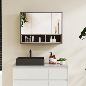 HOMCOM Nábytková skříňka na zeď, koupelnový nábytek se zrcadlovou závěsnou skříňkou, koupelnové zrcadlo se dvěma policemi, skříňky se 3 dvířky a 8 př…