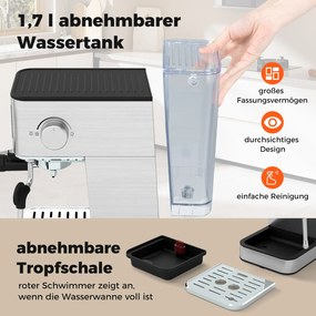 Costway Portafiltrační přístroj s napěňovačem mléka 20 Barový espresso přístroj