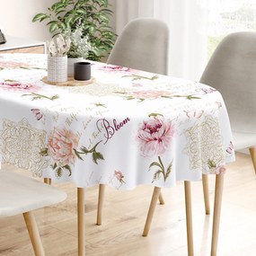 Goldea oválný ubrus 100% bavlněné plátno - pivoňky s texty 140 x 220 cm