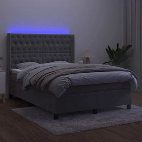 Box spring postel s matrací a LED světle šedá 140x190 cm samet 3139739