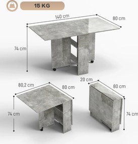 HOMCOM skládací jídelní stůl s přihrádkami, sklápěcí deskou a kolečky, betonově šedá