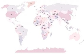 Pastelowe love Samolepka na zeď POLITICKÁ MAPA SVĚTA - Růžová Barva: L