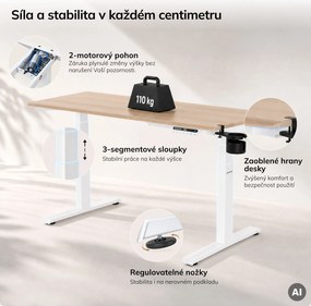 Elektrický stůl s nastavitelnou výškou ergonomický bílý/dub sonoma,1400x700 mm: ARIA