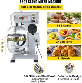 Komerční stojanový mixér, 14,2 l nerezová mísa, 850 W