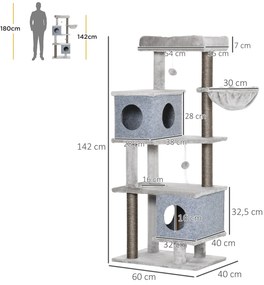Škrabadlo PawHut 142 cm s jeskyněmi a plošinami, sisalový sloupek, hračky, ochrana proti překlopení, šedé pro aktivní kočky | Aosom.de