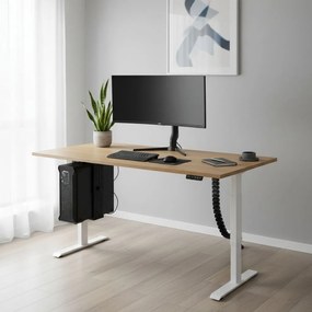 Výškově nastavitelný stůl OfficeTech A, 160 x 80 cm, bílá podnož, dub kamenný