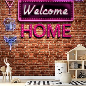 Fototapeta Welcome home - nápis ve stylu neonu s ikonami v růžových barvách