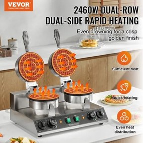 Komerční vaflovač s dvojitou hlavou, kulatý vaflovač 2460 W, nepřilnavý