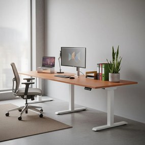 Výškově nastavitelný stůl OfficeTech Long, 260 x 80 cm, bílá podnož, třešeň