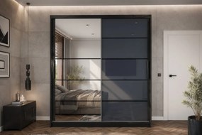 Šatní skříň 158 cm Belini černý mat / šedý lesk s posuvnými dveřmi zrcadlem a zásuvkami  MGB SZP7/0/B/1L5S/KLP