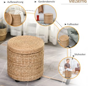 HOMCOM Taburet s úložným prostorem Taburet na nohy s úložným boxem, odnímatelné víko, slaměný ratan, khaki, Ø43x43cm| Aosom