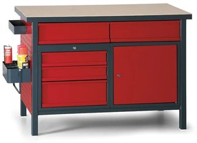 Dílenský pracovní stůl GD, 5 zásuvek, smrk + buková překližka, 5 zásuvek, 1 skříňka, 1190 x 600 x 850 mm, antracit / červená