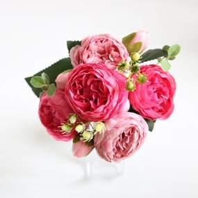 Umělá kytice pivoňek - 5 květů s poupaty (A) Barva: růžová dvoubarevná
