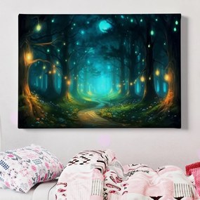 Obraz na plátně - Noční les osvícený měsícem a světluškami FeelHappy.cz Velikost obrazu: 210 x 140 cm