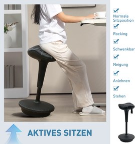 Vinsetto ergonomická otočná sedlová stolička — výškově nastavitelná 65,5–83,5 cm, náklon 120°, protiskluzová, černá