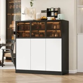 Aosom Kuchyňská skříňka s LED osvětlením, 3 skleněné dveře, 3 bílé dveře a 14 přihrádek, 100x40x105 cm, bílá