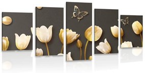 5-dílný obraz tulipány se zlatým motivem - 200x100 cm