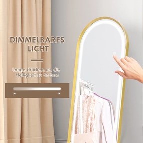 HOMCOM Zrcadlo po celé délce se stmívatelným LED světlem, nástěnné a stojací zrcadlo, šatní zrcadlo s dotykovým spínačem, zlaté 47x146 cm | Aosom.de