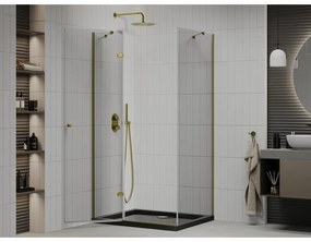 Mexen Roma sprchový kout s otočnými dveřmi 100 x 80 cm, Průhledné, Zlatá + sprchová vanička Flat, Černá - 854-100-080-50-00-4070