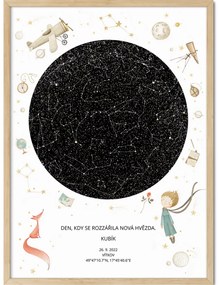 Hvězdná mapa Vašeho životního okamžiku Rozměr plakátu: 30 x 40 cm, Barva pozadí: Malý princ, Volba rámu: Lípa dřevěný rám