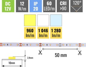 LED Solution CRI LED pásek 12W/m 12V bez krytí IP20 Barva světla: Studená bílá 07723