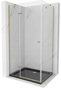 Mexen Roma sprchový kout s otočnými dveřmi 90 x 100 cm, Průhledné, Zlatá + sprchová vanička Flat, Černá - 854-090-100-50-00-4070