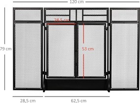 HOMCOM Oheň Obrazovka Skládací Ochranný Předek Krbu se 3-Dílnými Dvoukřídlovými Dveřmi a Dalšími Nohy 120x11.5x79 cm Černá Kovová Konstrukce