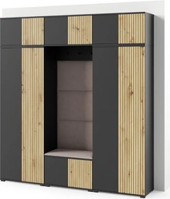 Eka Předsíňová stěna s čalouněnými panely Joey 4 - Černá a Dub Artisan / Tmavá béžová 2305