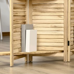 HOMCOM Předěl do interiéru, 4 panely, 162Š x 170V cm, 3 police, skládací dělící stěna, lamelové dveře z přirozeného paulovnie