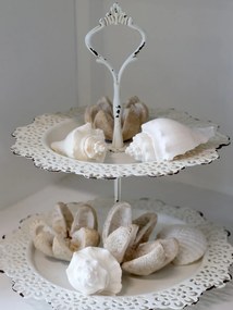 Krémový antik dekorační kovový etažér Lace - Ø 21*25 cm