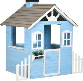 Dětský dřevěný domeček Outsunny pro venkovní hraní pro děti 3-7 let s dveřmi, okny, truhlíky a bočními ploty 151x112,5x142 cm Modrá | Aosom
