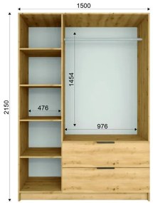 Šatní skříň se zrcadlem VISTA 150x215 cm dub artisan/grafit