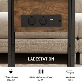 HOMCOM Skládací příruční stolek, nabíjecí stanice s USB porty, kov, 39 x 29 x 57 cm, hnědá
