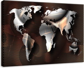 Obraz 70x50 Mapa světa metalíza stříbrná šedá oranžová hexagonální