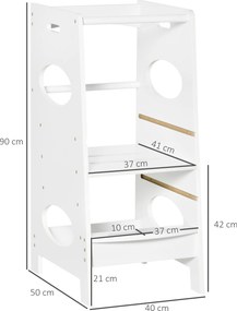 HOMCOM Dřevěná učební věž pro děti - Kuchyňský stolička s nastavitelnou výškou ve 3 polohách a bezpečnostními zábranami 40x50x90 cm Bílá