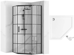 Rea Hex, jednodveřový sprchový kout 80x80 cm, 6 mm čiré sklo, černý profil + bílá sprchová vanička Diamond, KPL-K8969