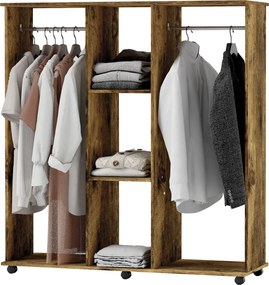 HOMCOM Šatní skříň, nábytek s mobilní úložnou funkcí a 6 kolečky 120 x 40 x 128 cm, hnědé dřevo