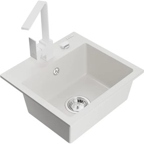 Mexen Milo, 1-komorový granitový dřez 435x410x171 mm a bílá baterie Rita, bílá, 6505-20-670300-20